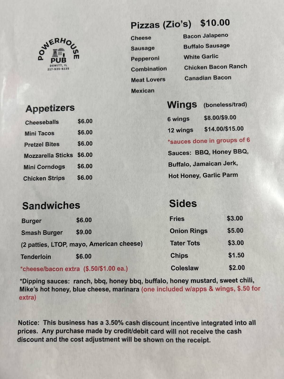 Menu at Powerhouse Pub, De Witt