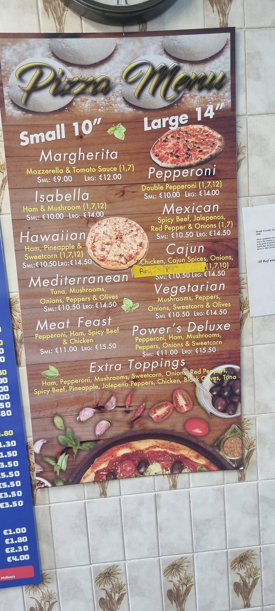 Menu at Power's Takeaway restaurant, Ireland