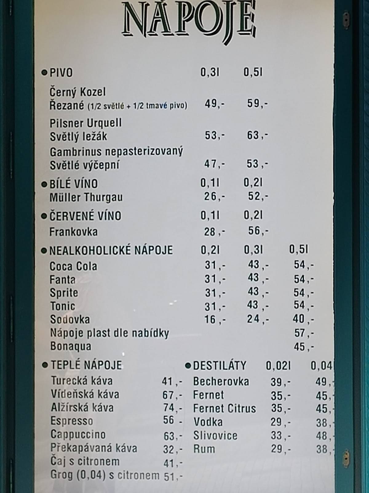 Menu at Česká Kuchyně restaurant, Prague, Old Town