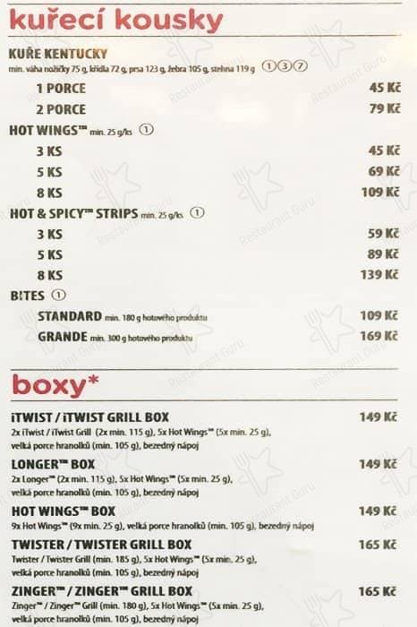 Menu at KFC Praha Národní fast food, Prague, Národní 961