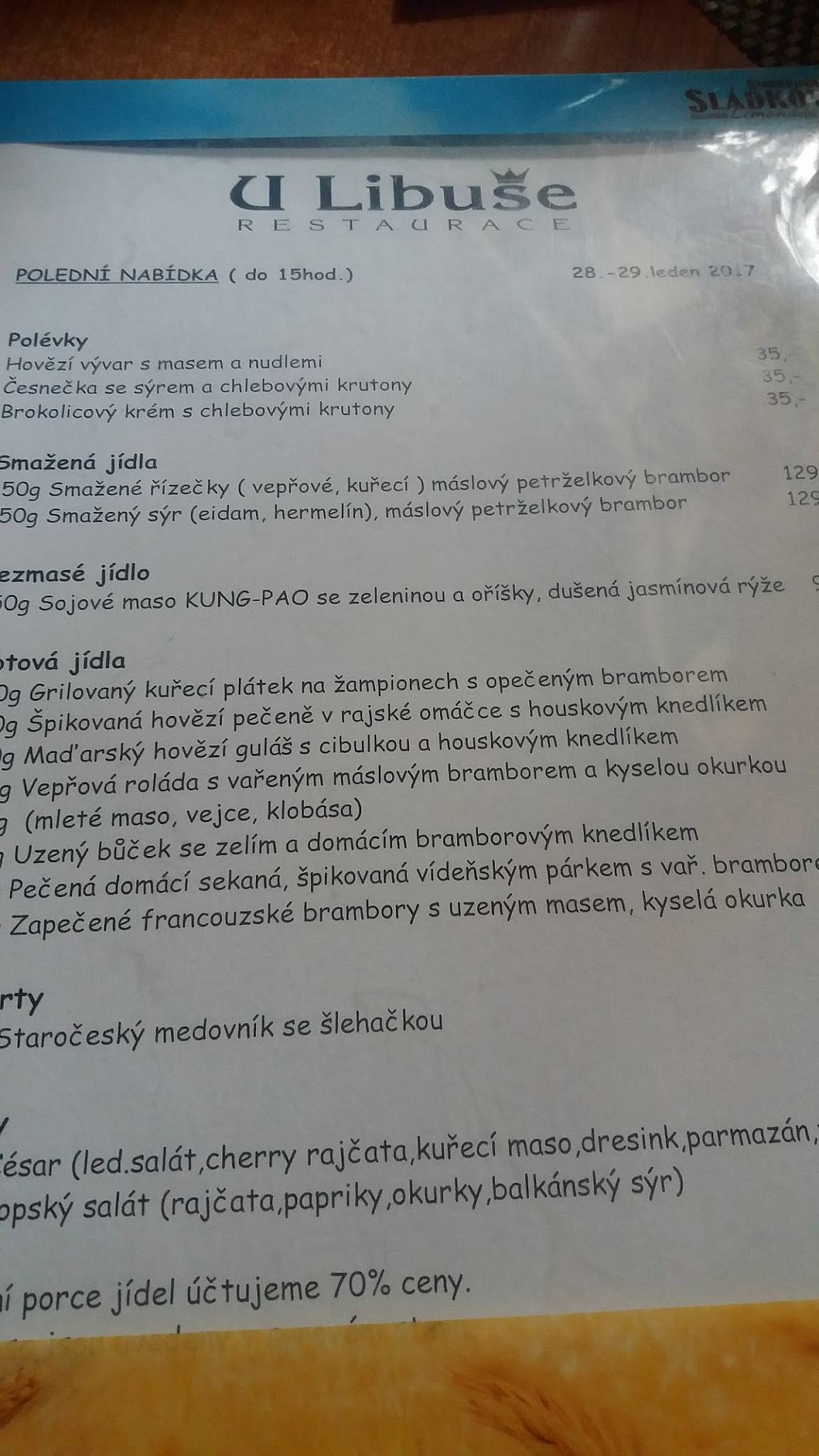 Menu at Restaurace U Libuše restaurant, Prague