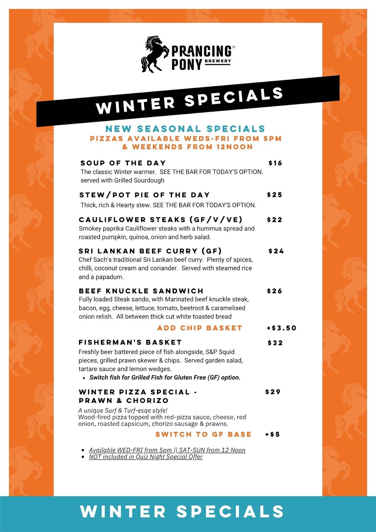 Menu at Prancing Pony Brewery restaurant, Totness, 42 Mount Barker Rd