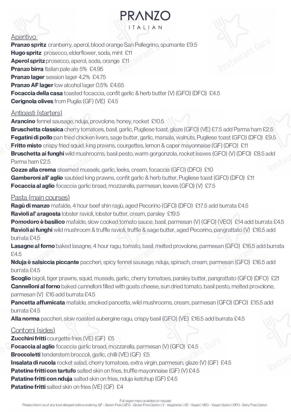 Menu at Pranzo Italian Harrogate restaurant, Harrogate