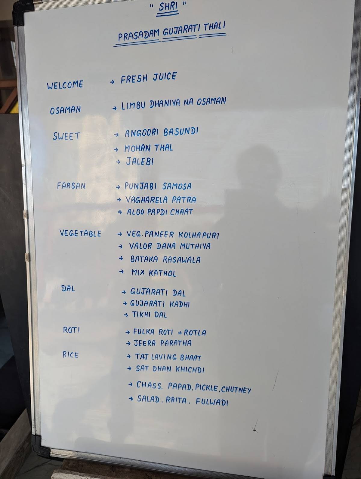 Menu at Prasadam Gujarati Thali, Vadodara