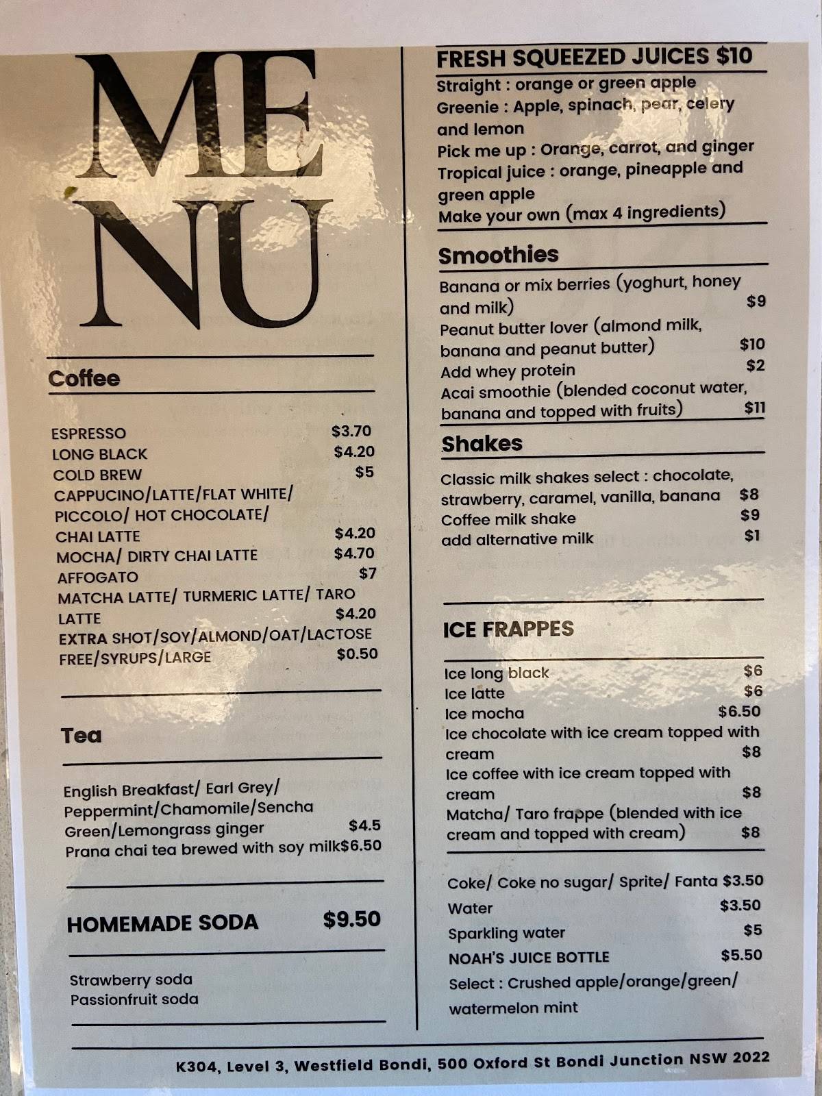 Menu at Precinct Cafe, Bondi Junction
