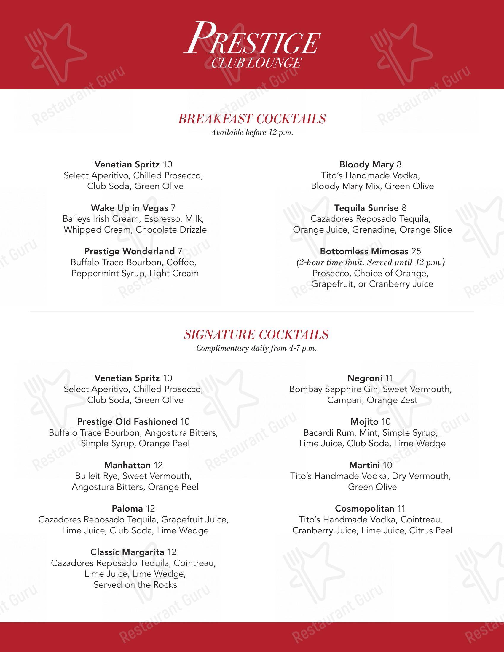 Carta del pub y bar Prestige Lounge, Las Vegas