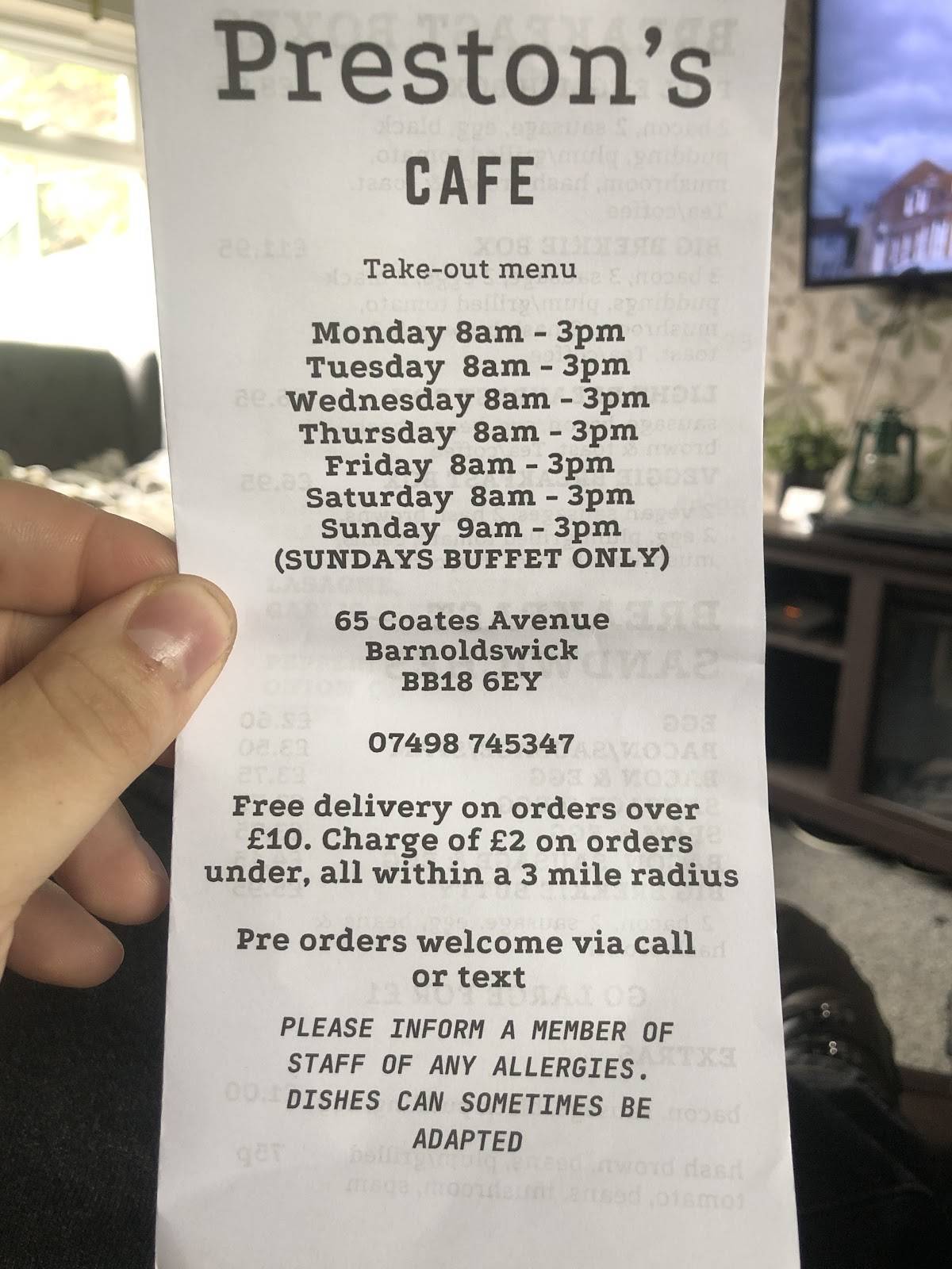 Menu at Preston's Cafe, Barnoldswick
