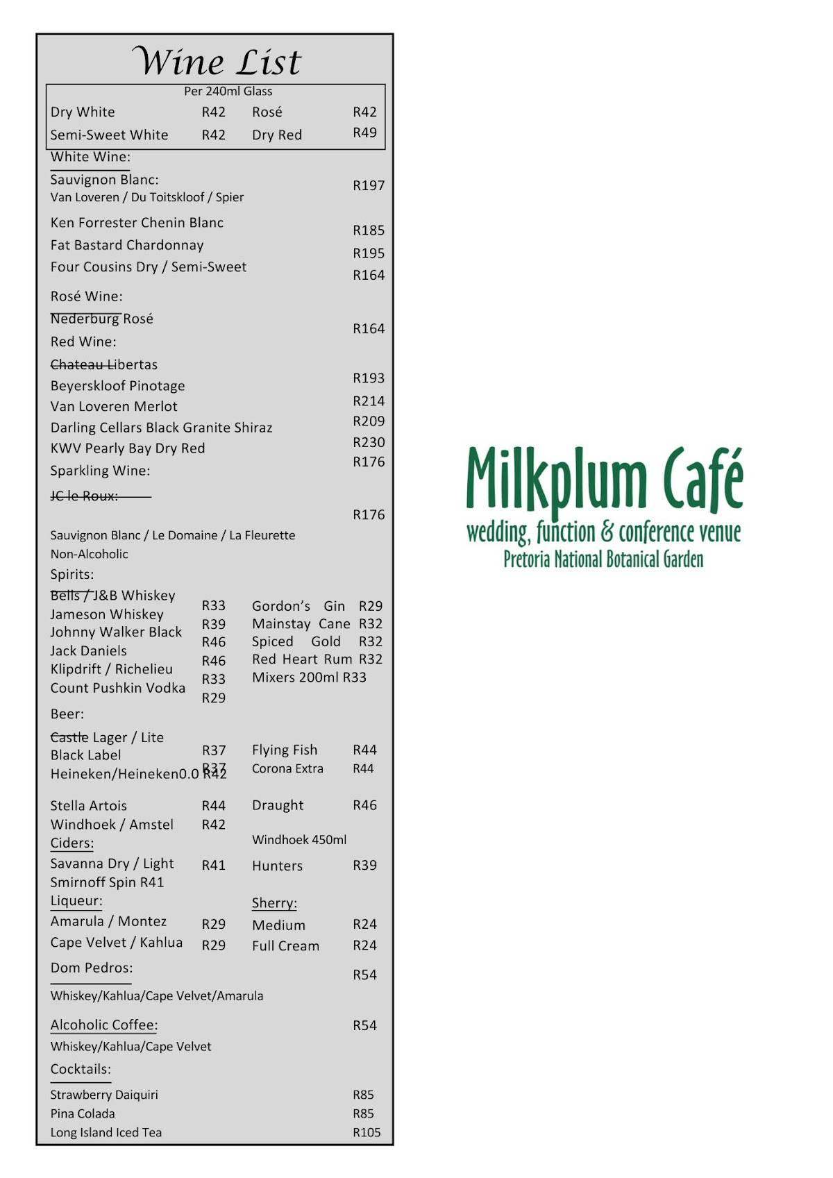 Menu at Milkplum Cafe, Pretoria, 2 Cussonia Ave