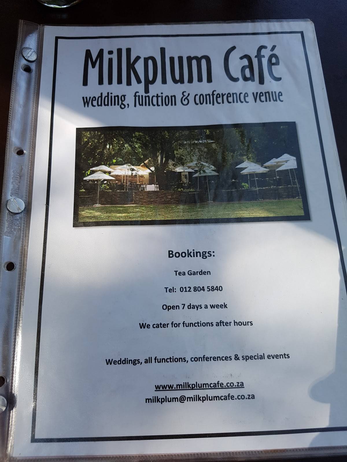 Menu at Milkplum Cafe, Pretoria, 2 Cussonia Ave