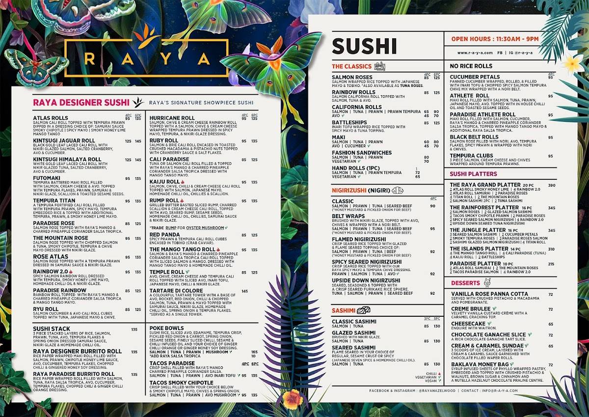 Menu at RAYA Hazelwood restaurant, Pretoria