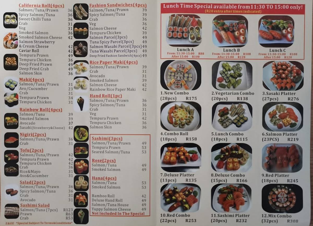 Menu at Sasaki Sushi Chinese Food Serene restaurant, Pretoria