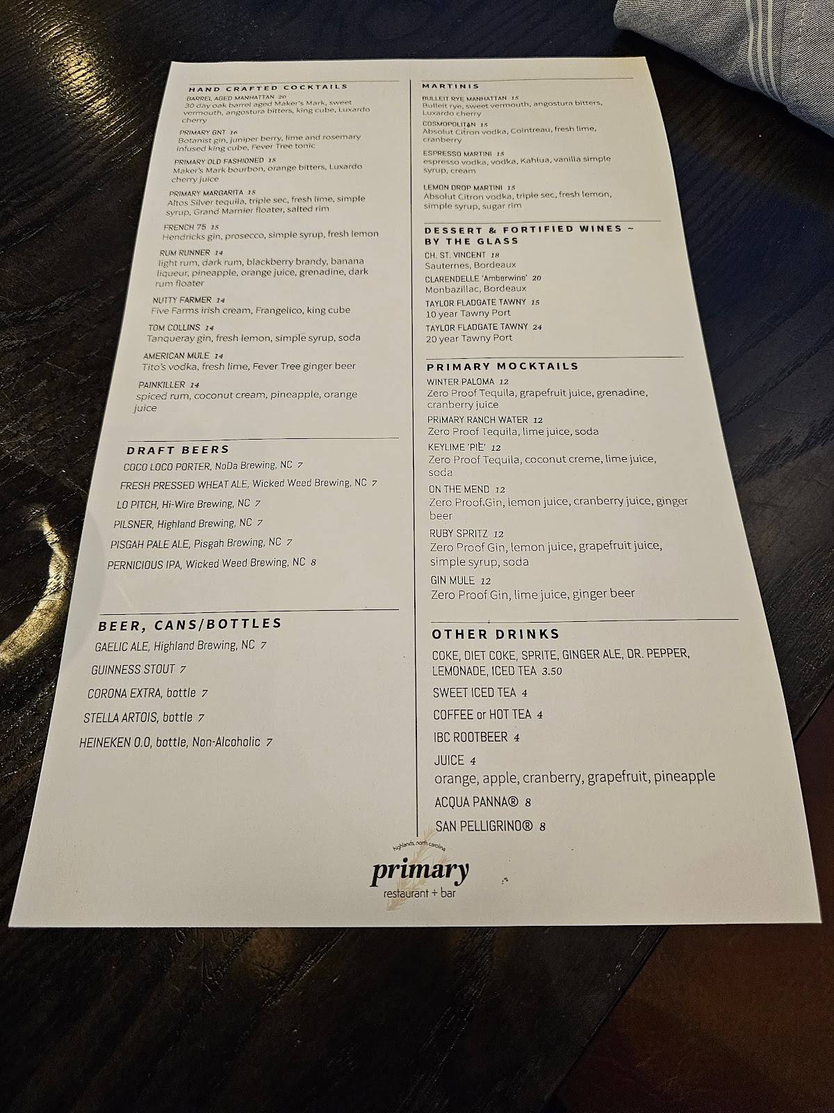 Menu at Primary Restaurant & Bar, Highlands