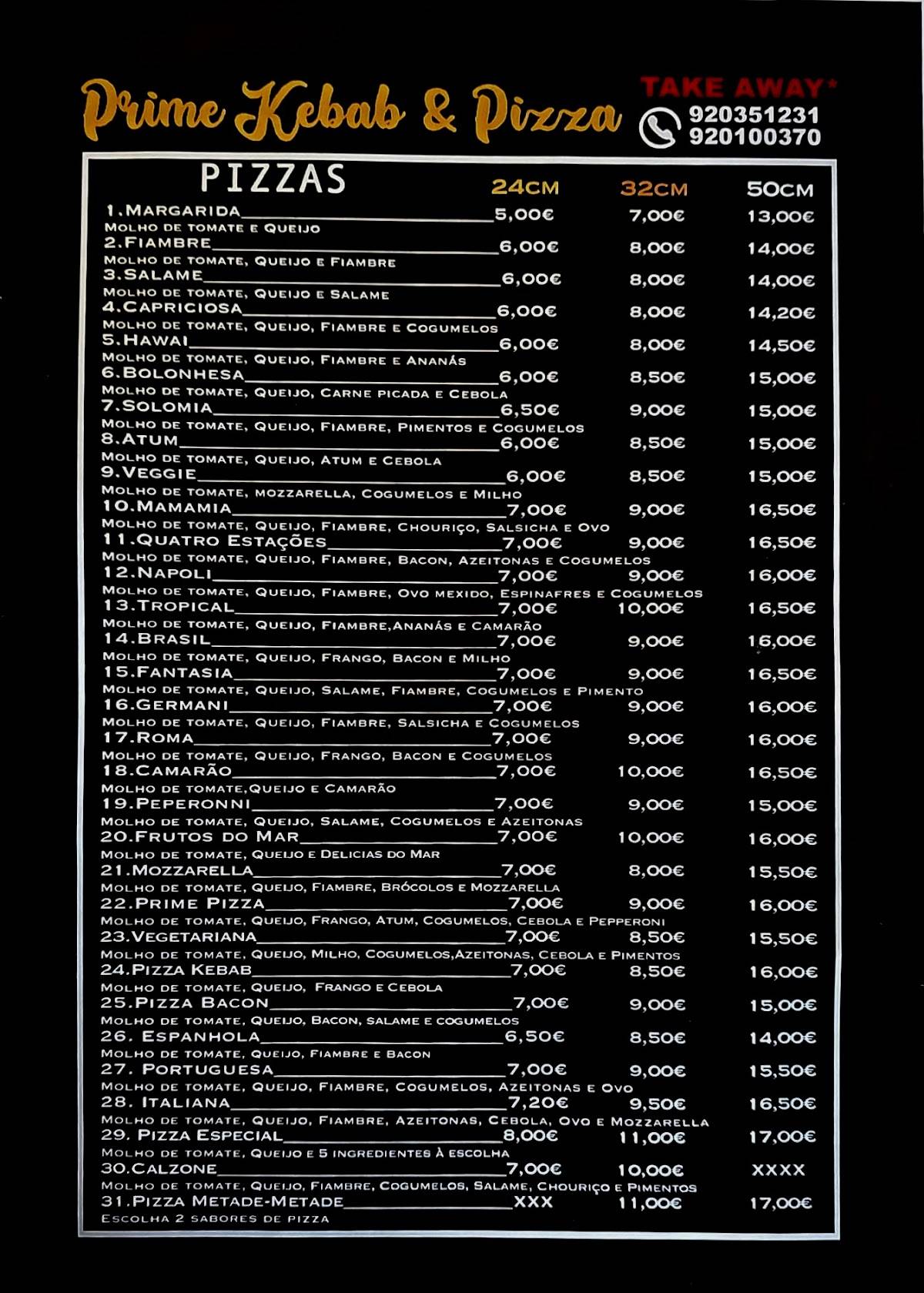 Menu em Prime Kebab & Pizza. restaurante, Estarreja