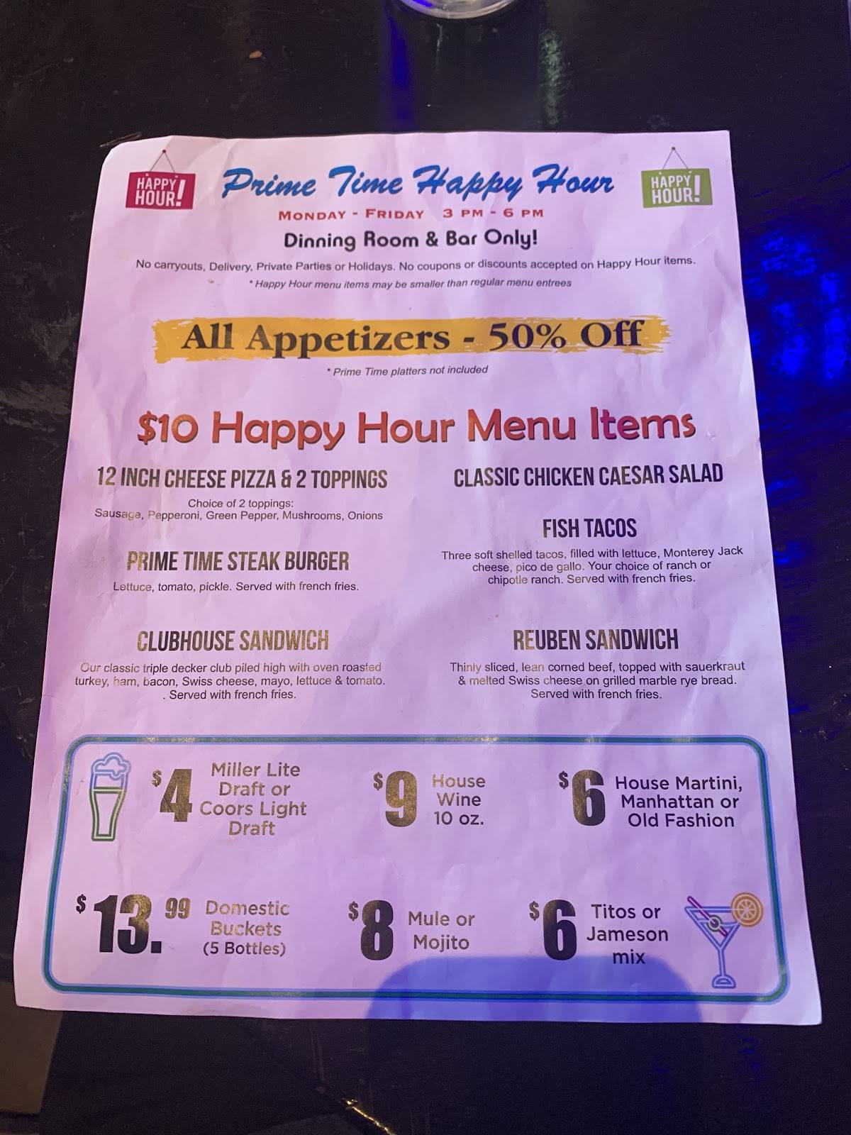 Menu at Prime Time Restaurant, Hickory Hills