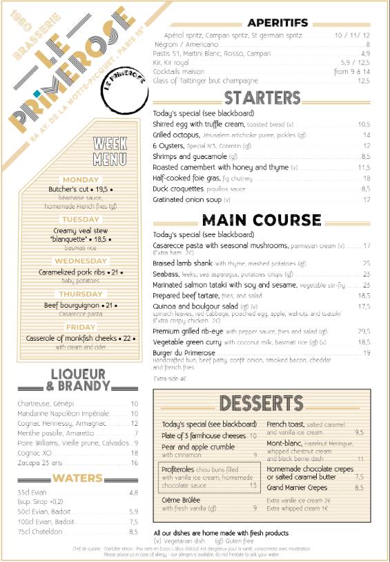Menu au Café Primerose, Paris, 64 avenue de la Motte Picquet