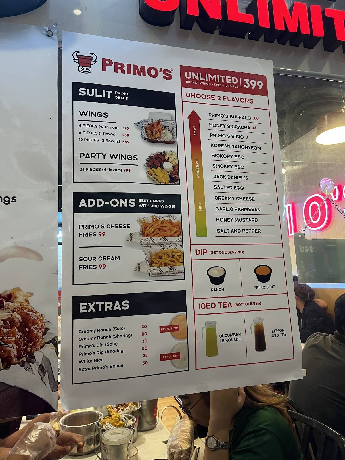 Menu at Primo's Unlimited Bucket Wings restaurant, Pasig