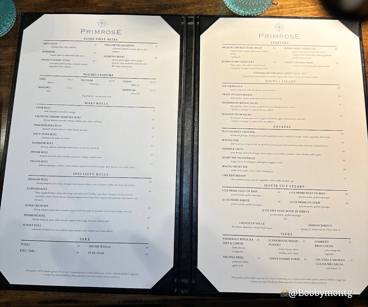 Menu at Primrose Restaurant, Destin