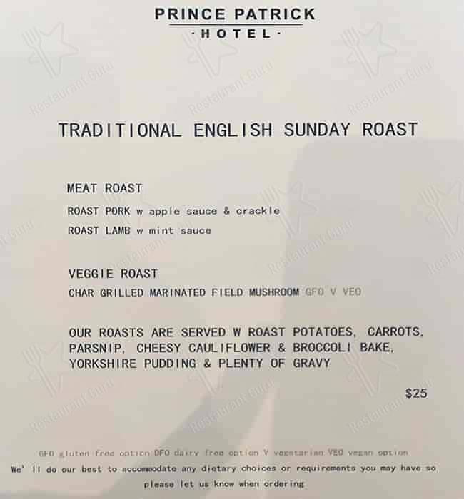 Menu at Prince Patrick Hotel pub & bar, Collingwood