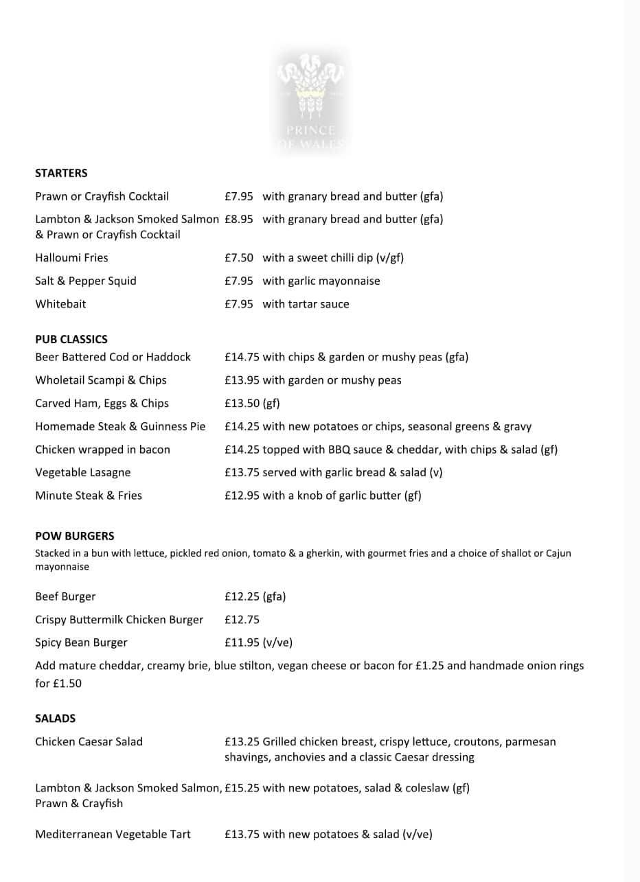 Menu at Prince of Wales Great Totham pub & bar, Maldon