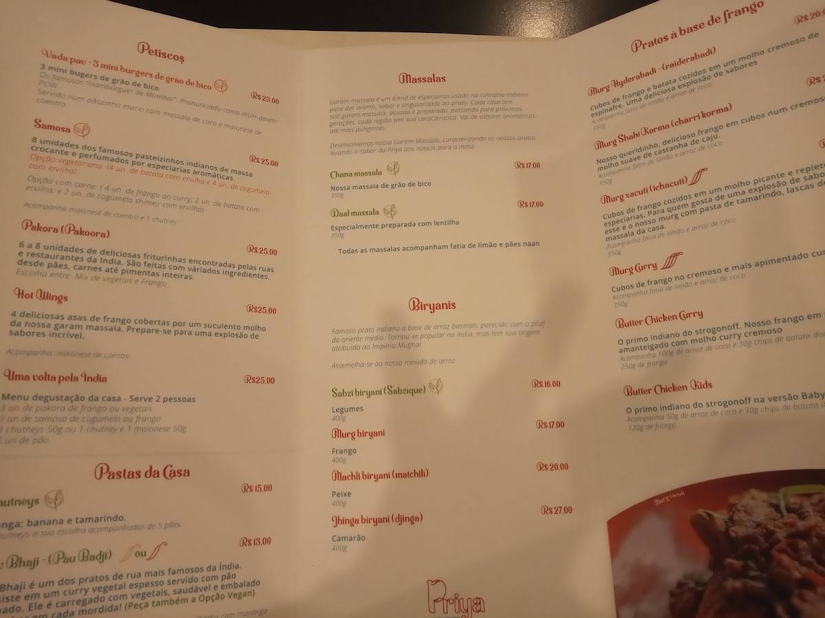 Menu em Priya Restaurante Comida Indiana Cozinha inclusiva, Campo Grande