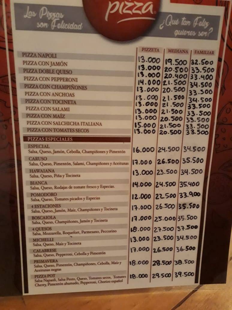 Menu at Pronto Pizza restaurant, Valledupar