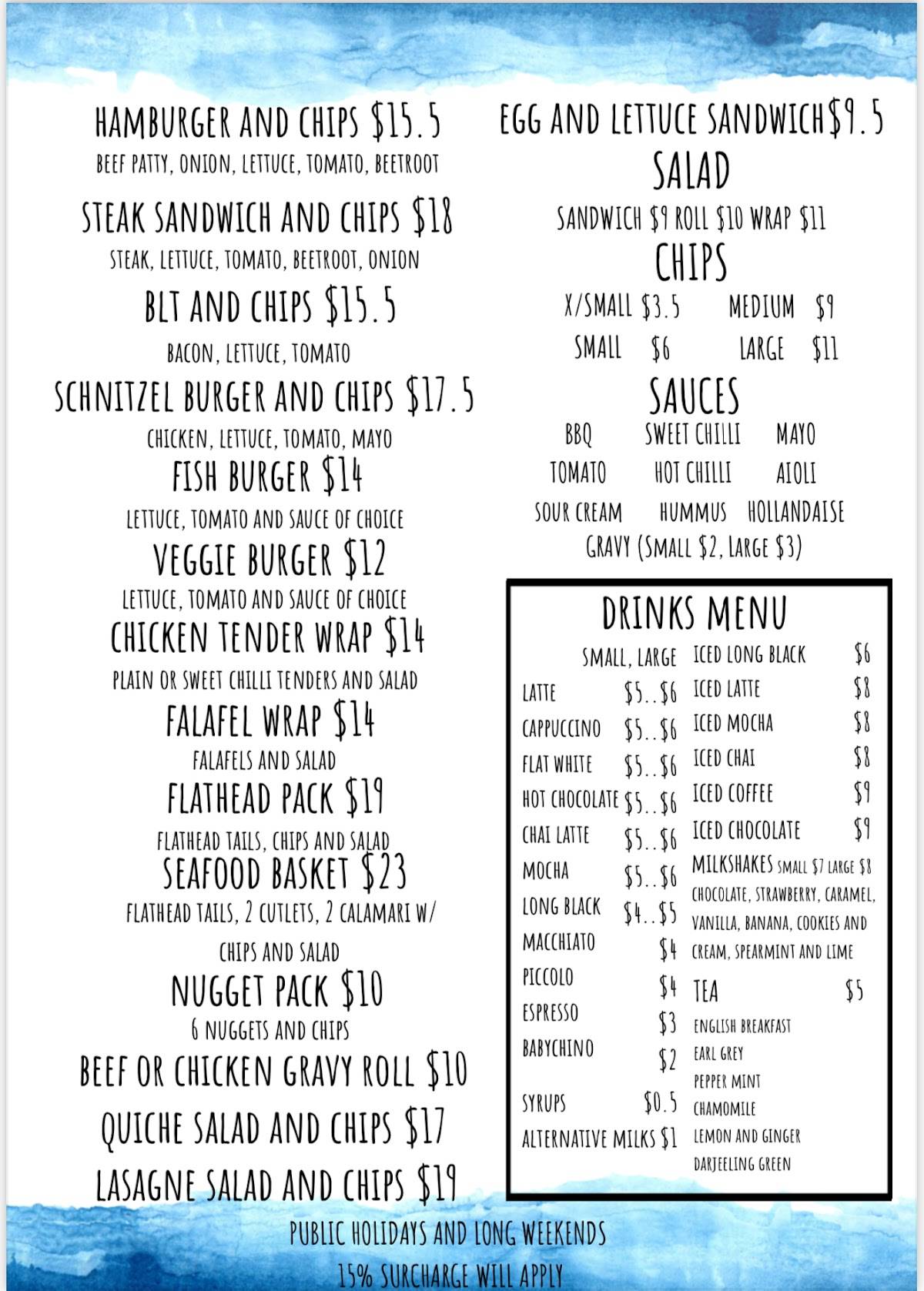 Menu at Providence Blue Cafe, Sanctuary Point