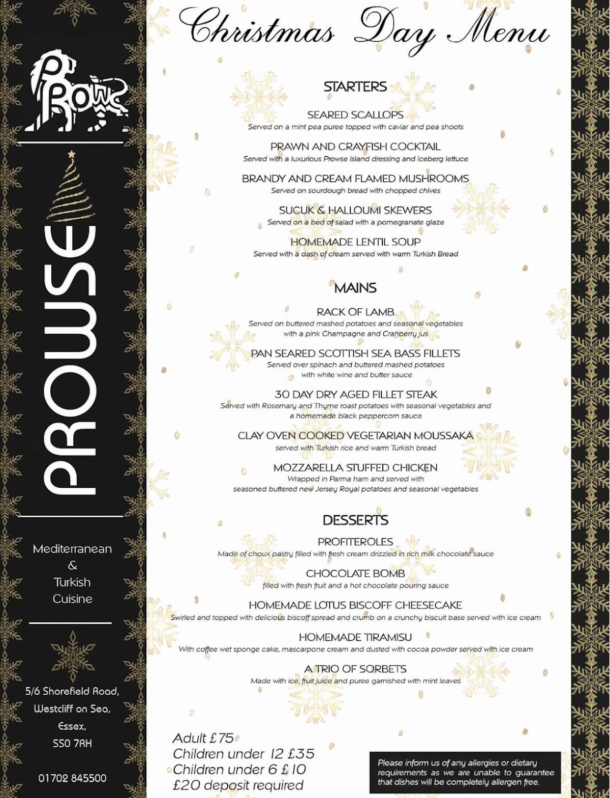 Menu at Prowse Restaurant, Southend-on-Sea