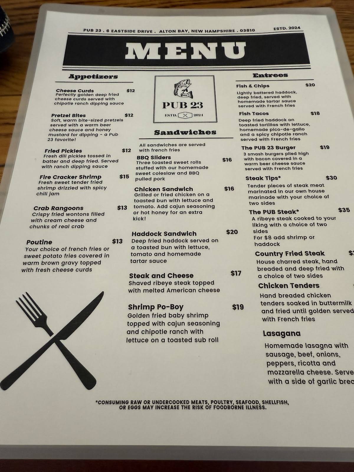 Menu at Pub 23, Alton