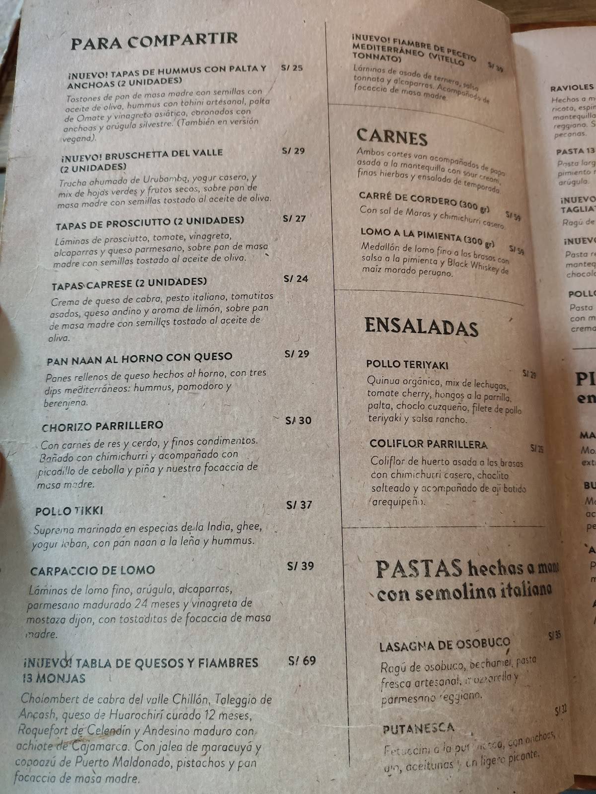 Carta del pub y bar 13 Monjas, Arequipa