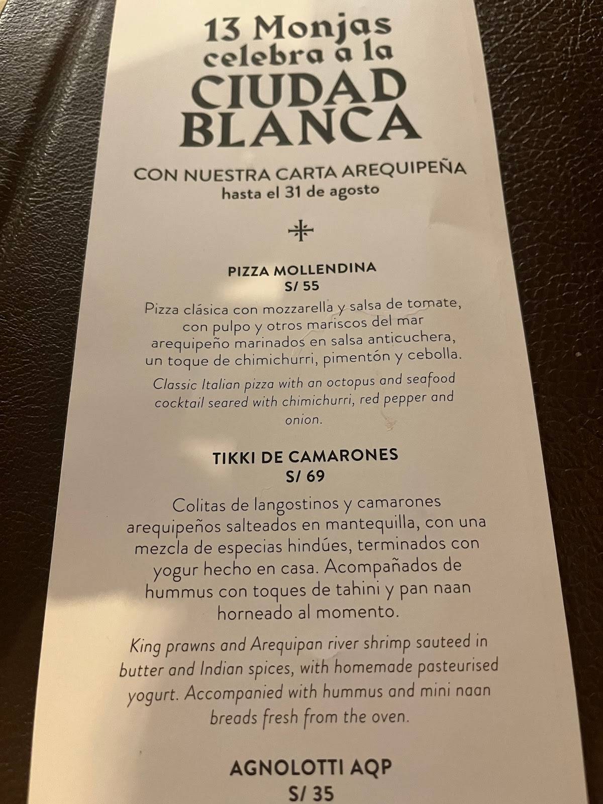 Carta del pub y bar 13 Monjas, Arequipa