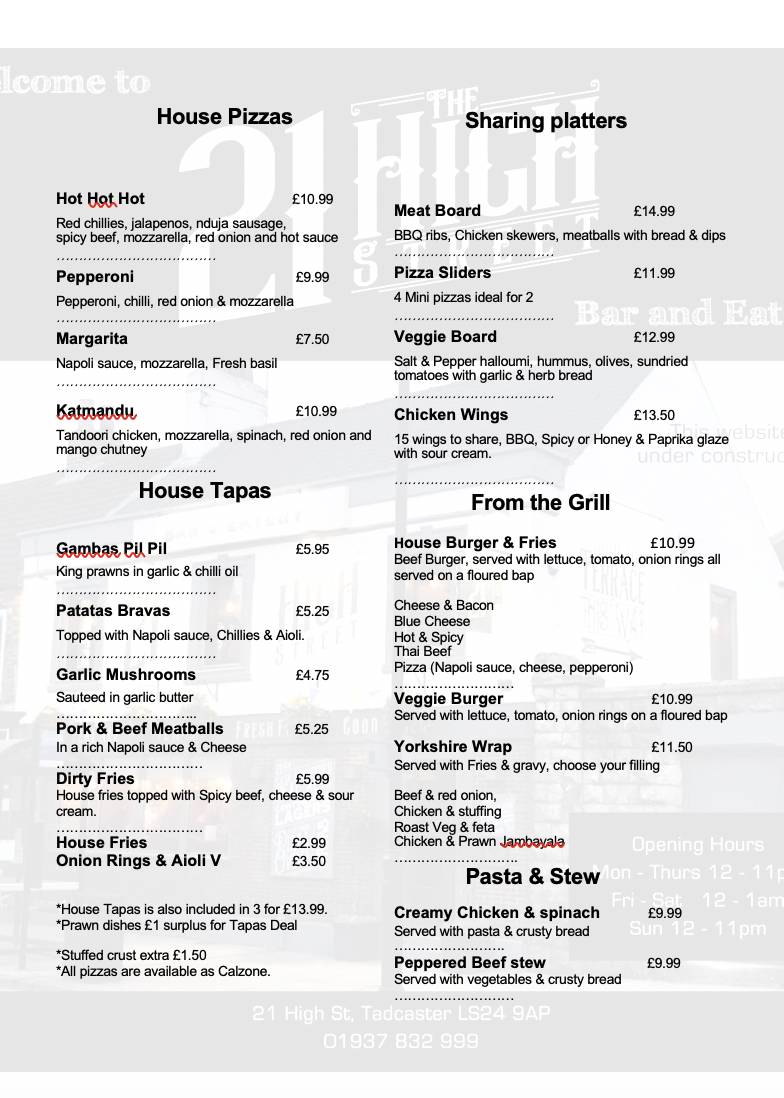 Menu at 21 The High Street Tadcaster pub & bar, Tadcaster