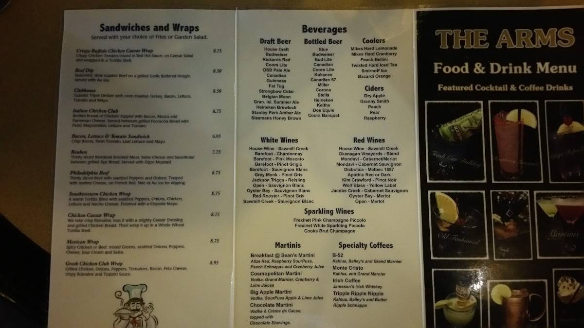 Menu at Arms Pub, Port Coquitlam