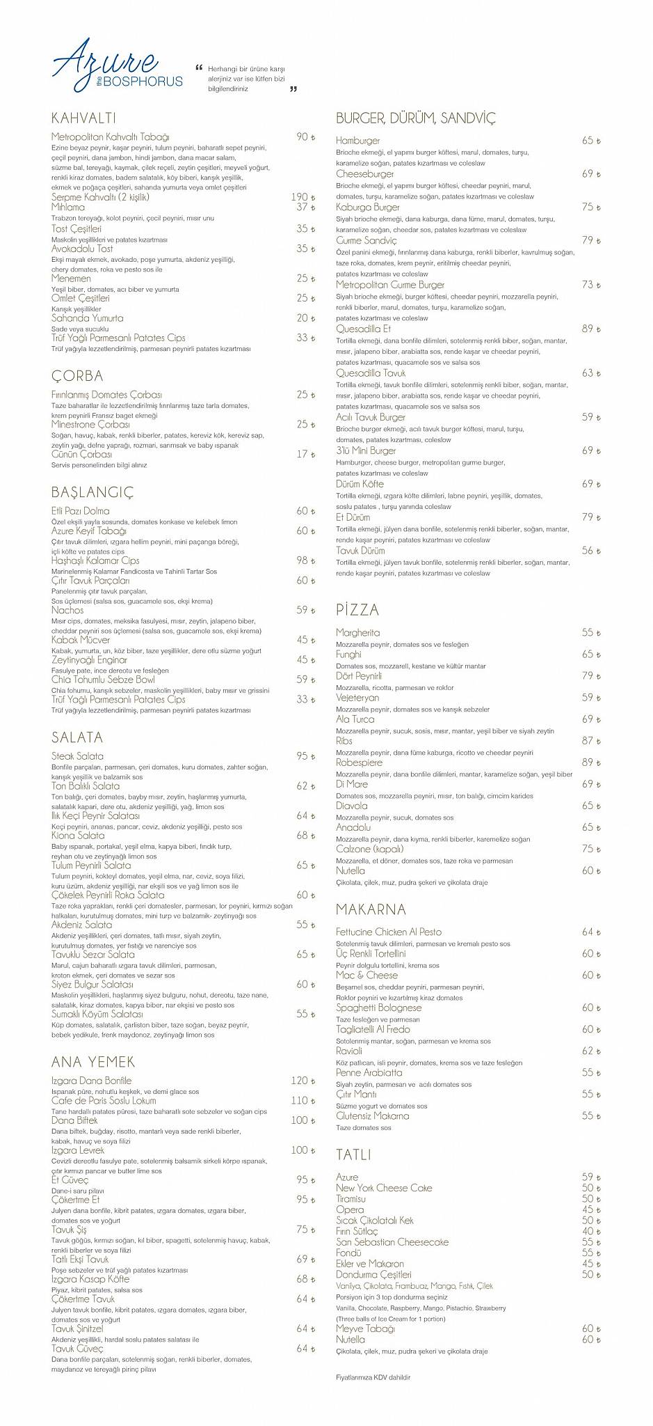 Menu at Azure The Bosphorus, Istanbul, Fındıklı