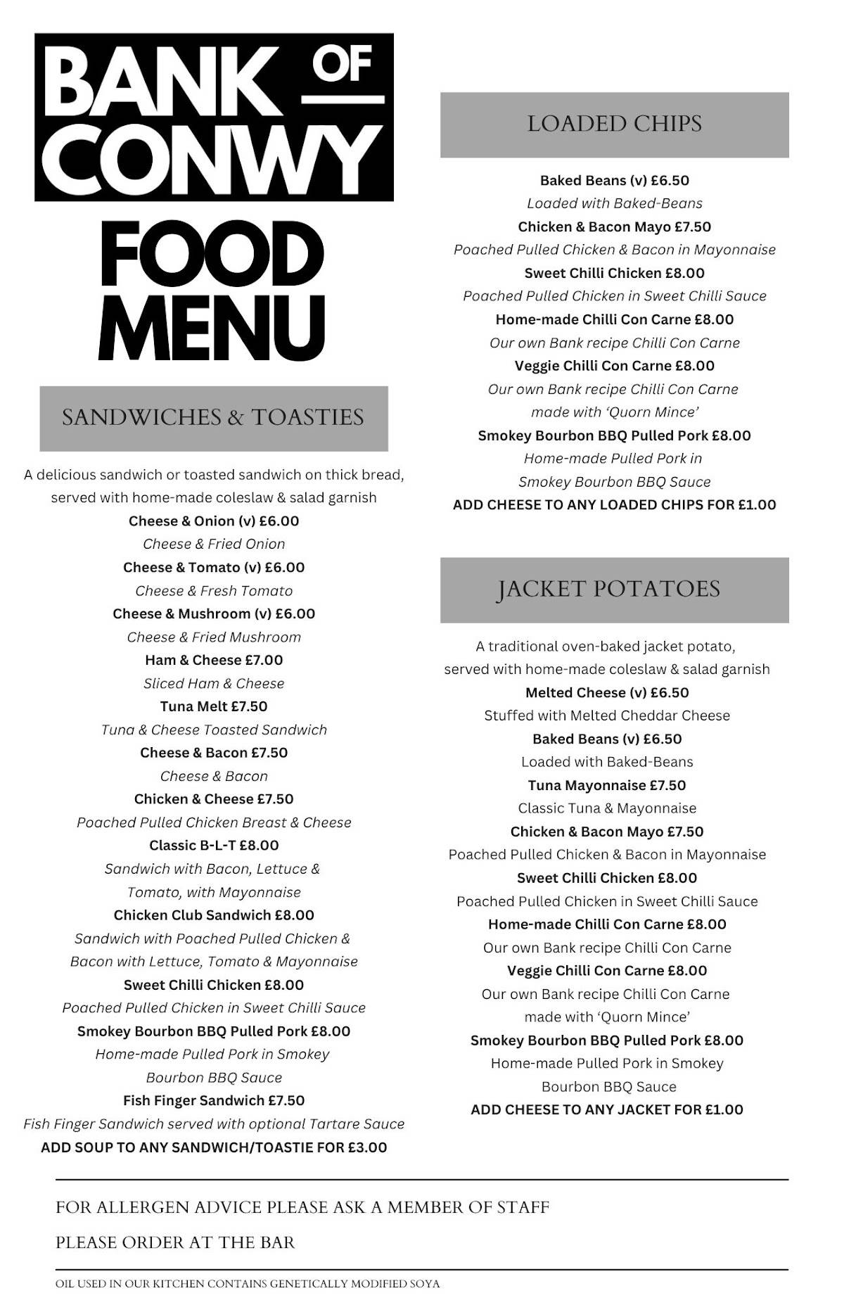 Menu at Bank Of Conwy pub & bar, Conwy