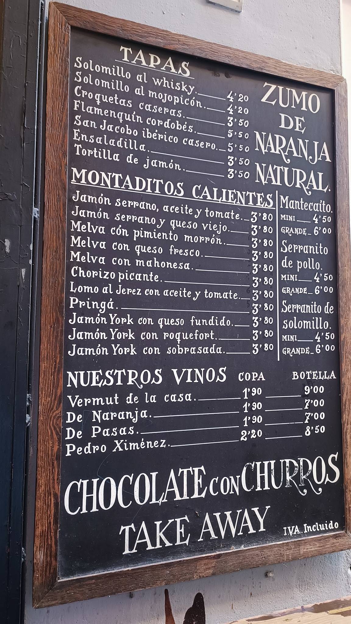Menu at Bar El Comercio, Seville