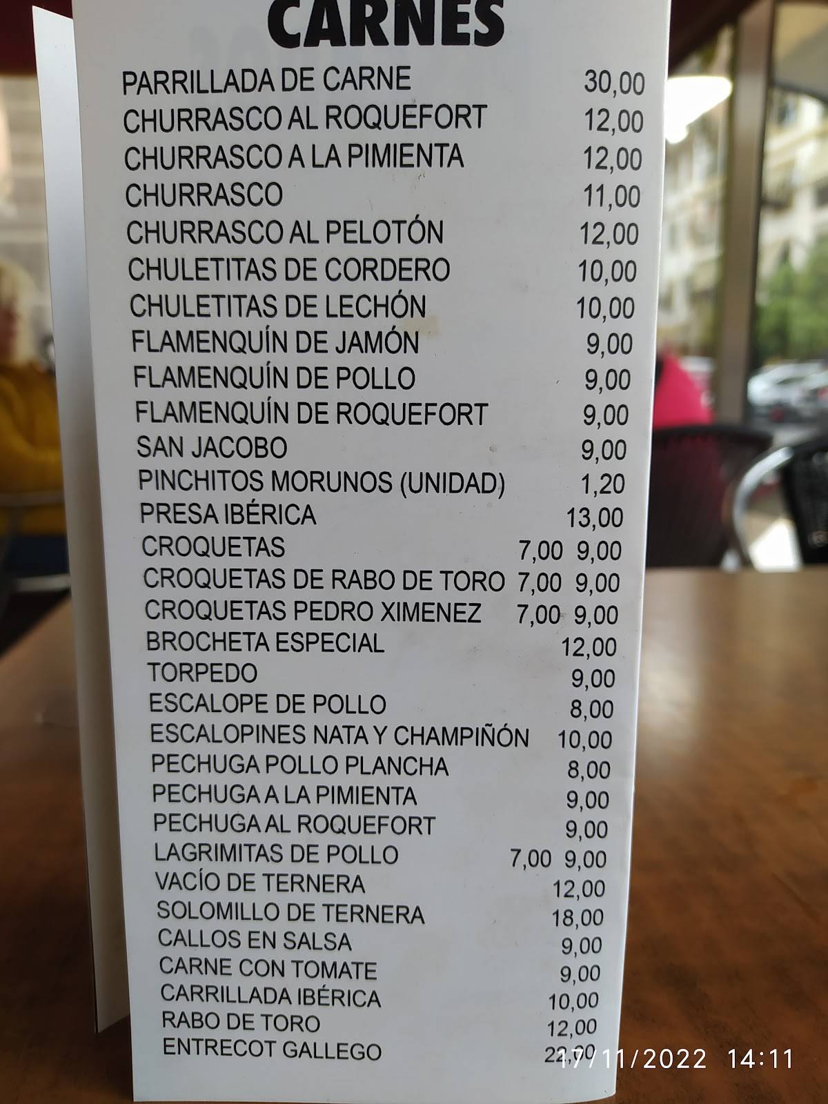 Carta de Bar El Lobo, Córdoba
