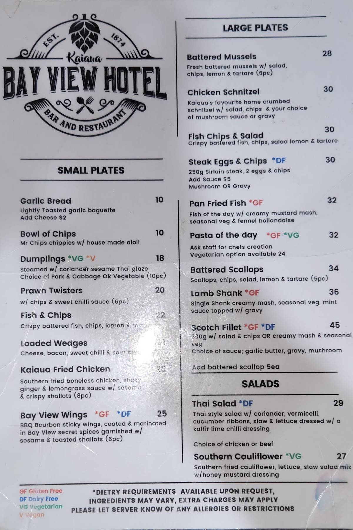 Menu at Bay View Hotel pub & bar, Kaiaua