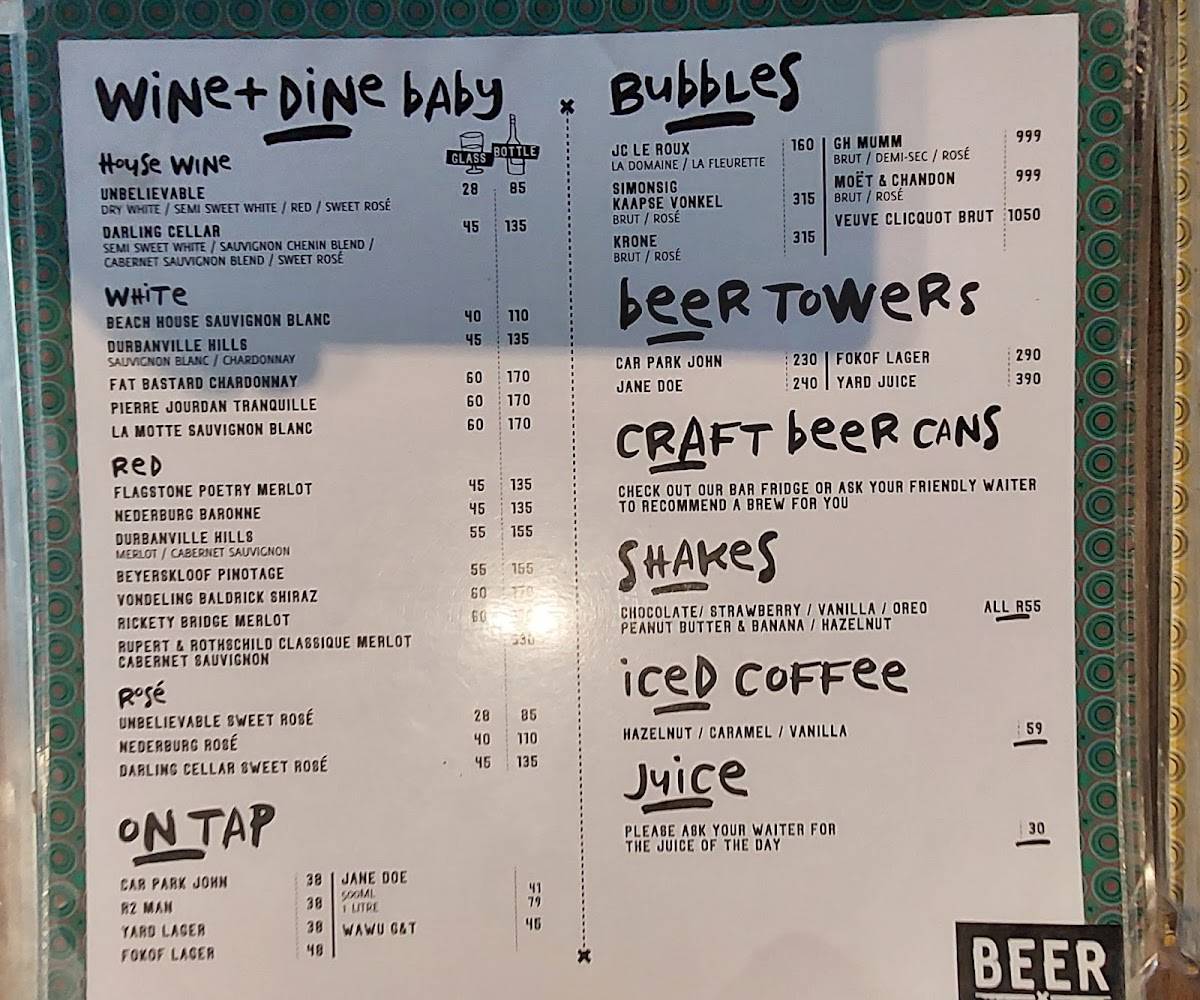 Menu at Beer Yard pub & bar, Port Elizabeth