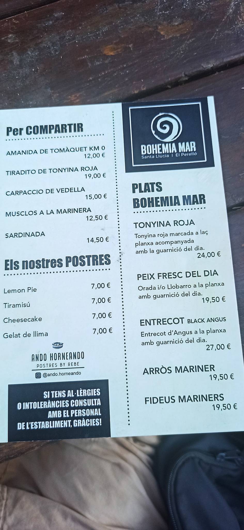 Carta del pub y bar Bohemia Mar, Perelló-Mar