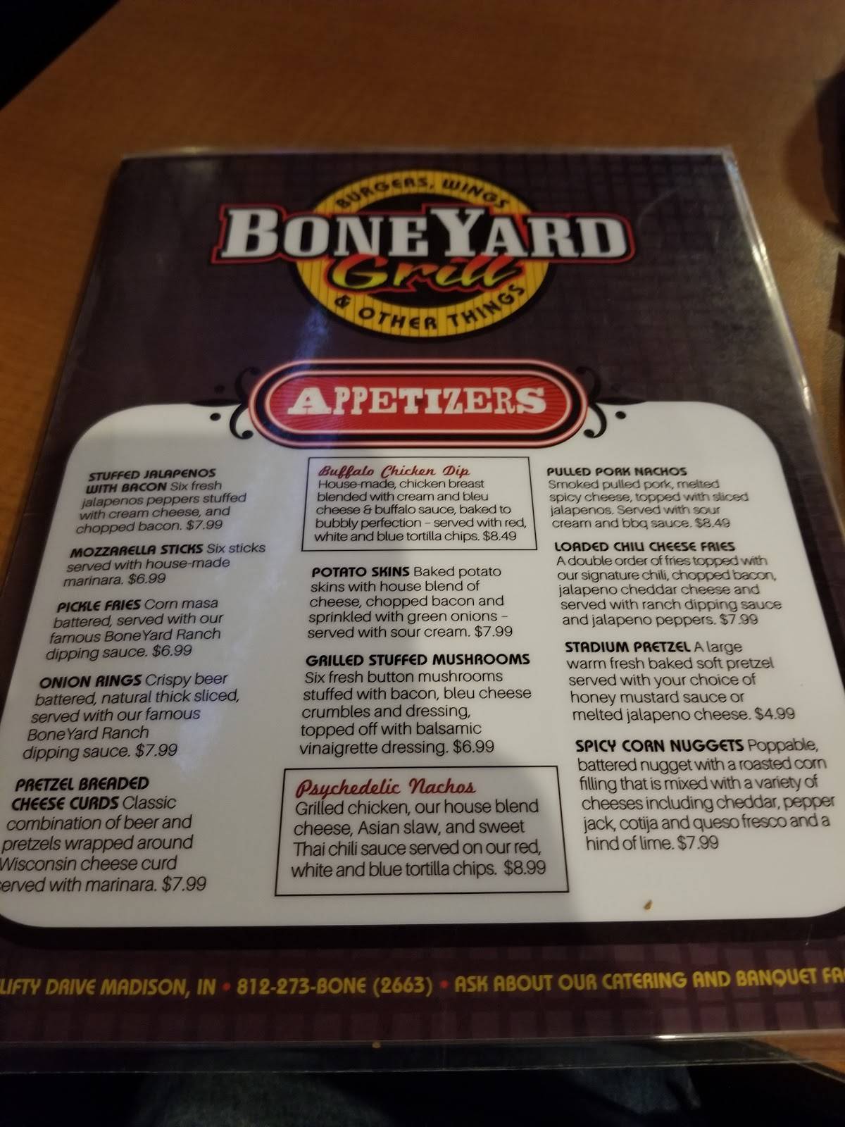 Menu at Boneyard Grill pub & bar, Madison
