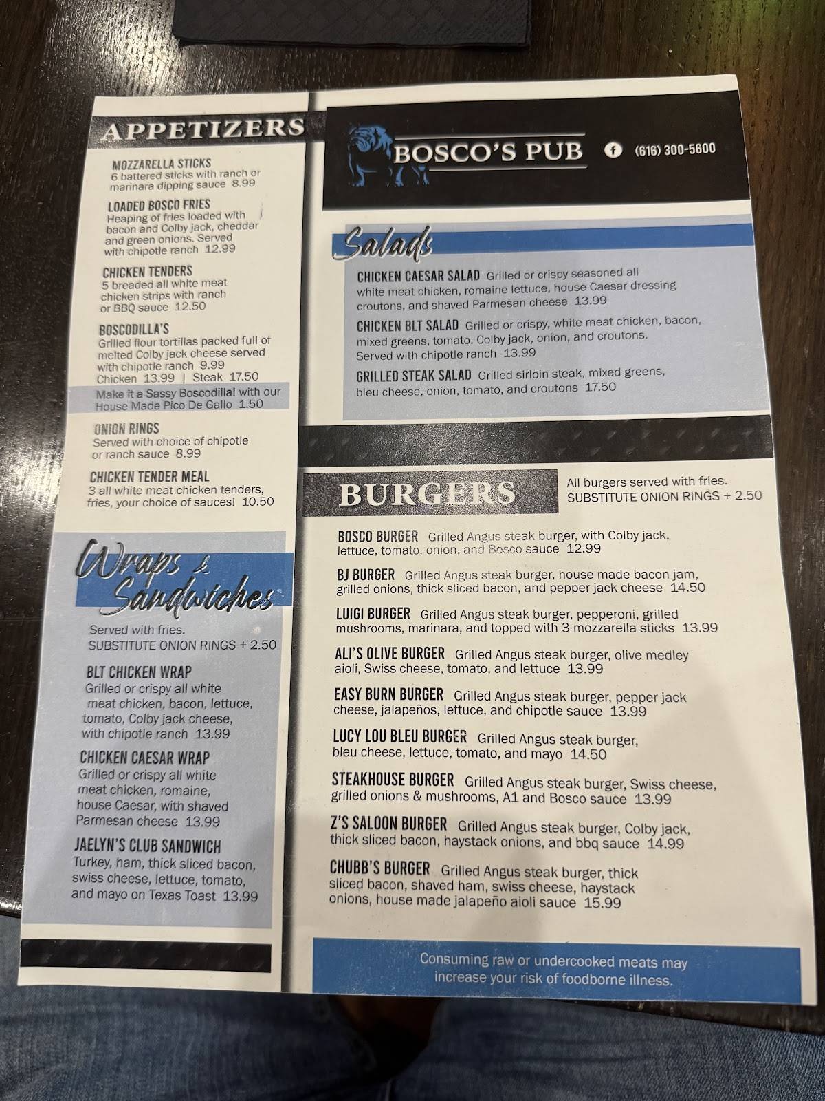 Menu at Bosco’s Pub, Hudsonville