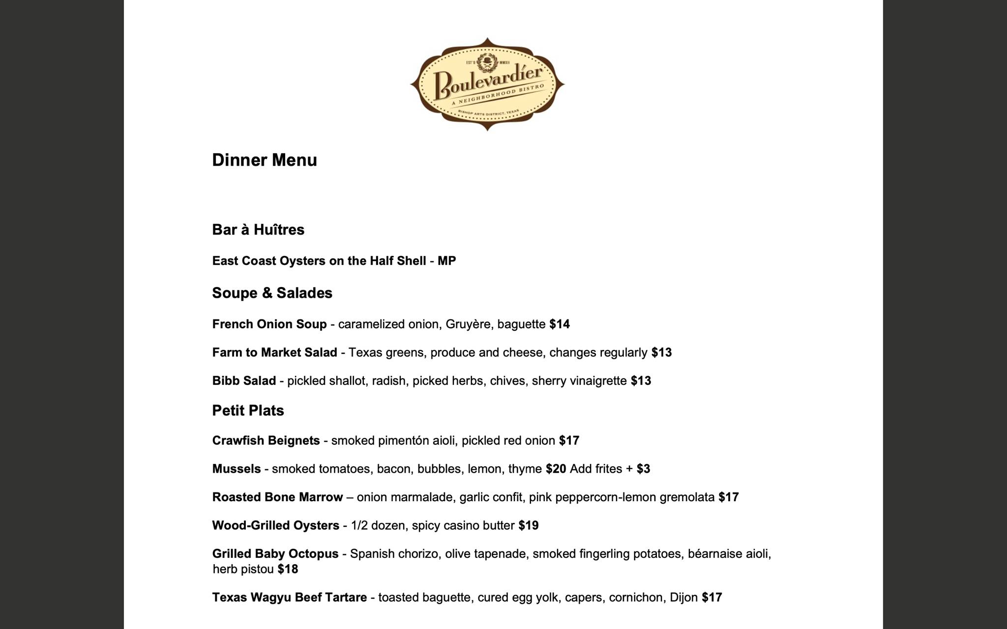 Menu at Boulevardier pub & bar, Dallas