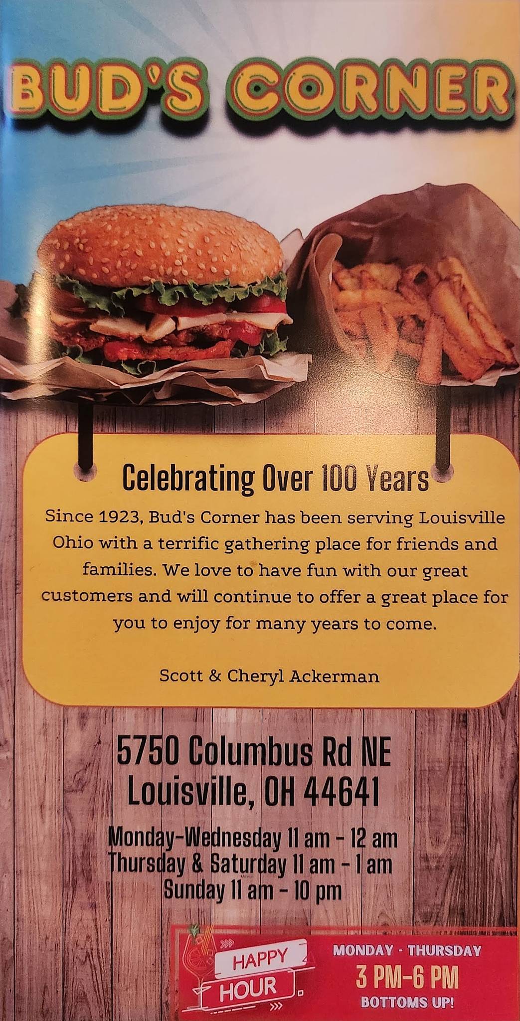 Menu at Bud's Corner pub & bar, Louisville