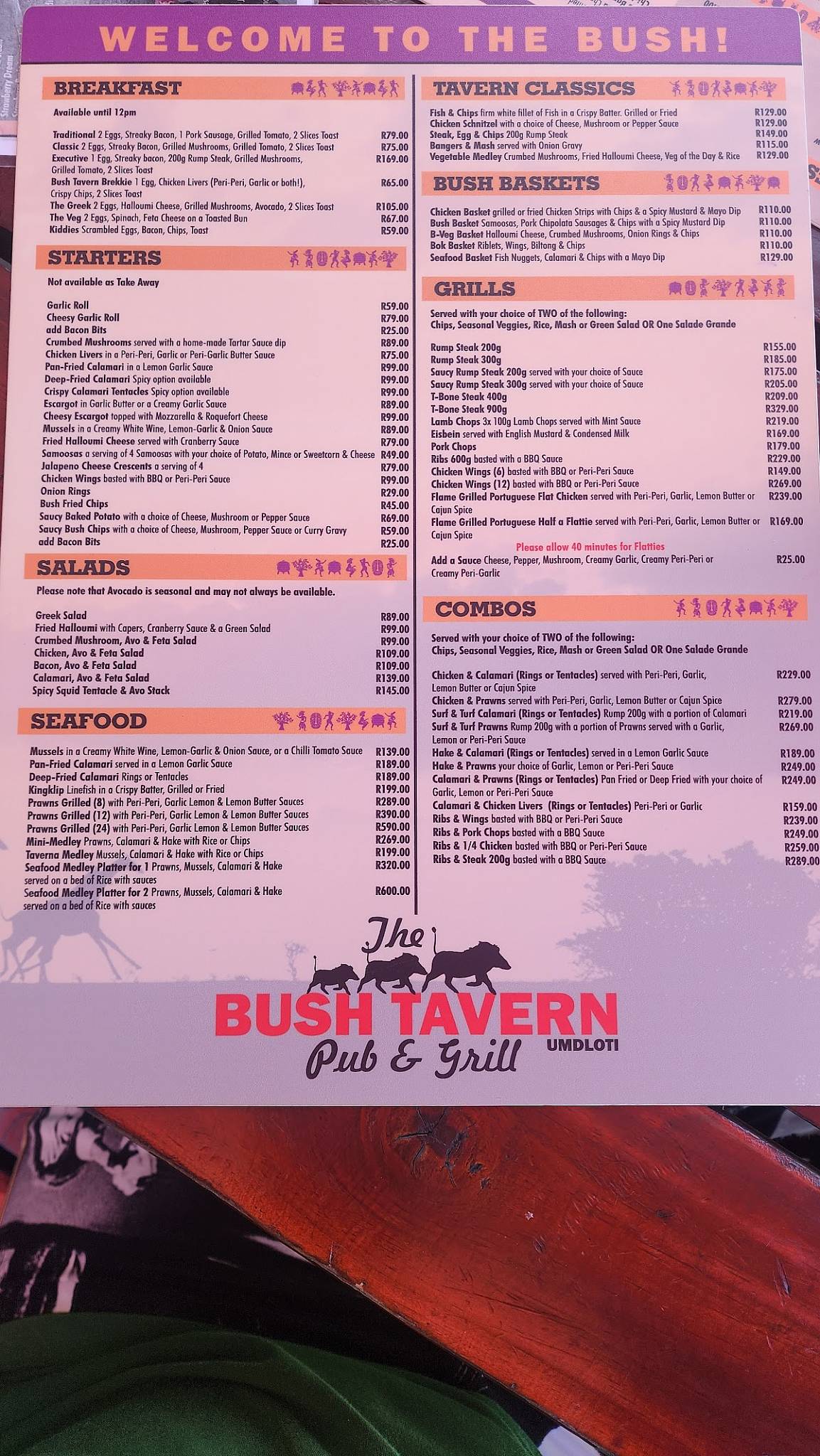 Menu at Bush Tavern, Umdloti pub & bar, Umdloti