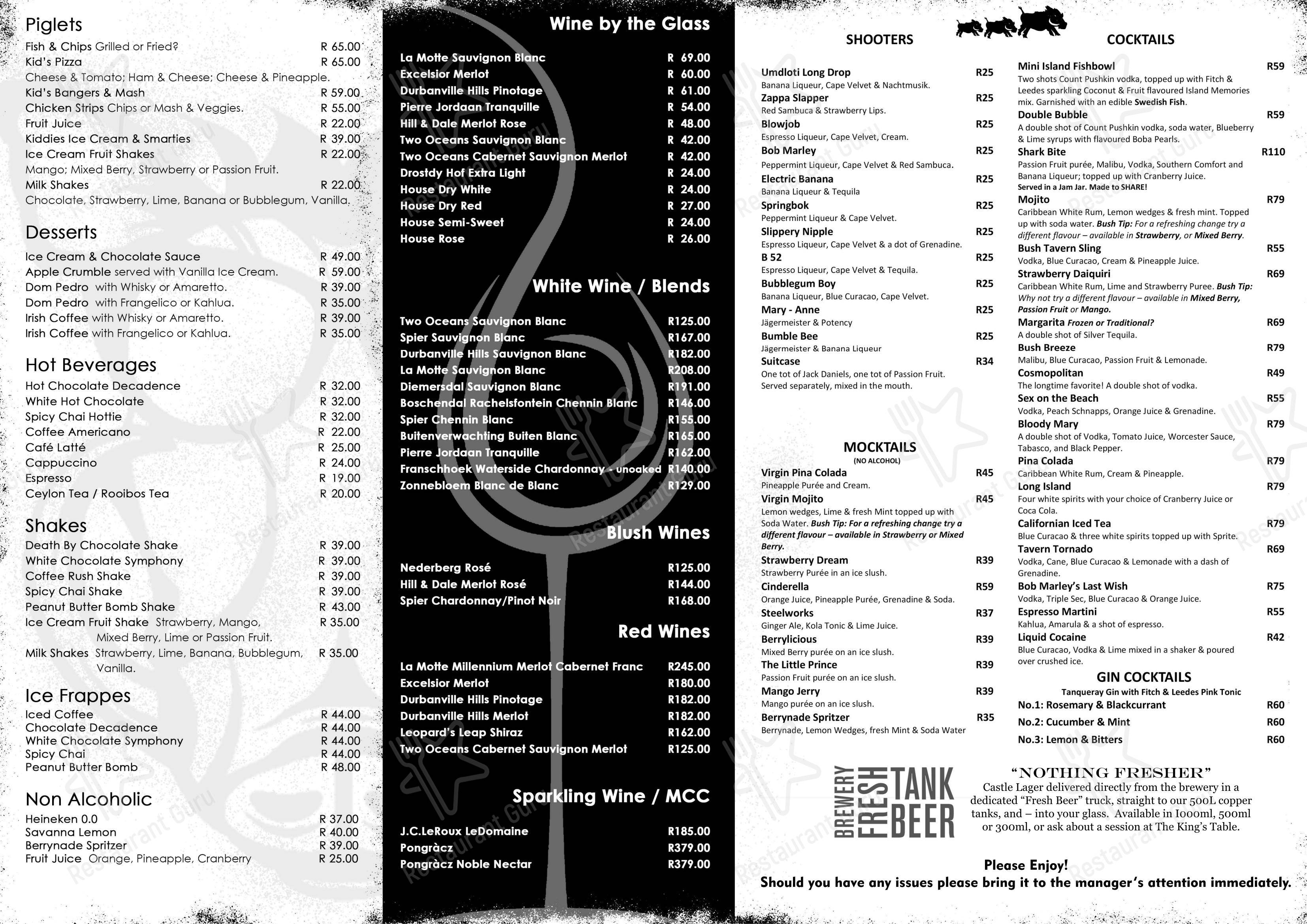 Menu at Bush Tavern, Umdloti pub & bar, Umdloti