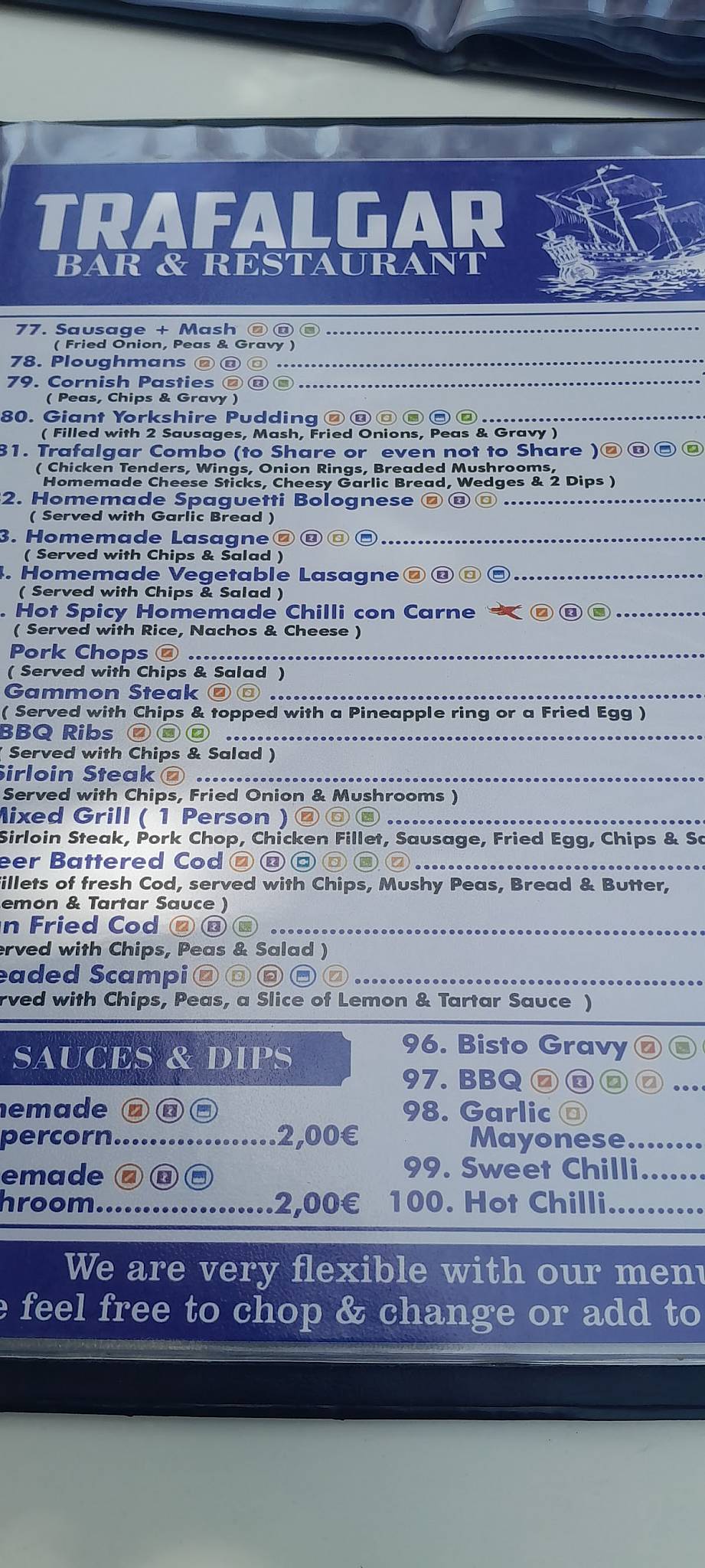 Menu at Cafetería The Trafalgar, Castillo Caleta de Fuste