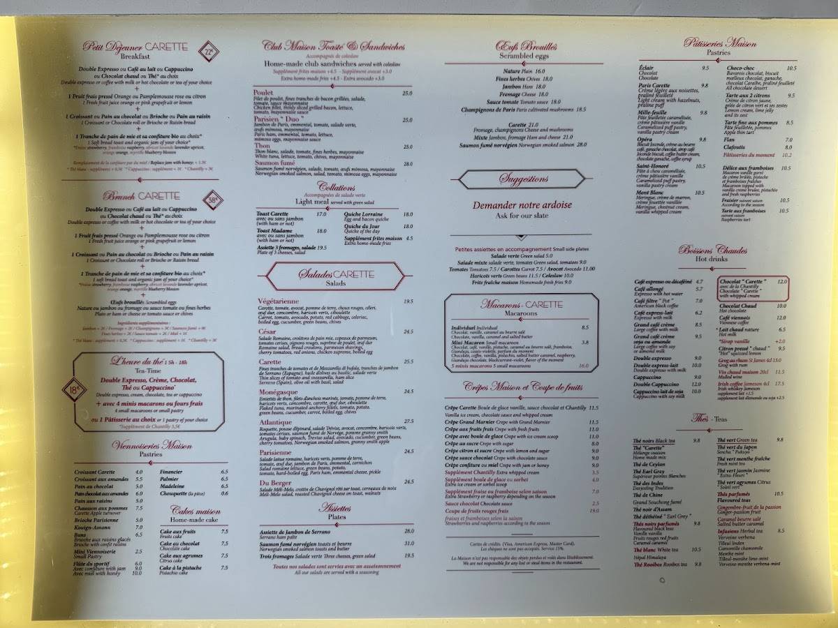 Menu at Carette pub & bar, Paris, 25 Pl. des Vosges