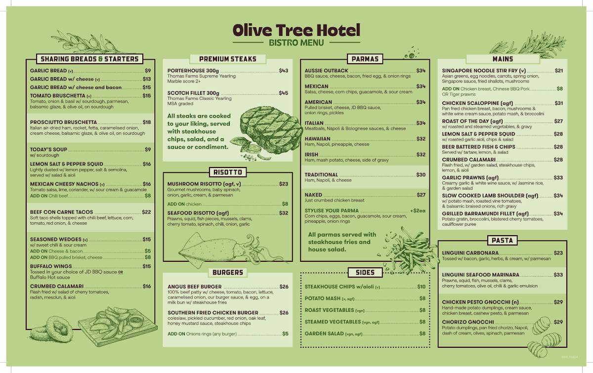 Menu at Castello's Olive Tree Hotel pub & bar, Sunbury