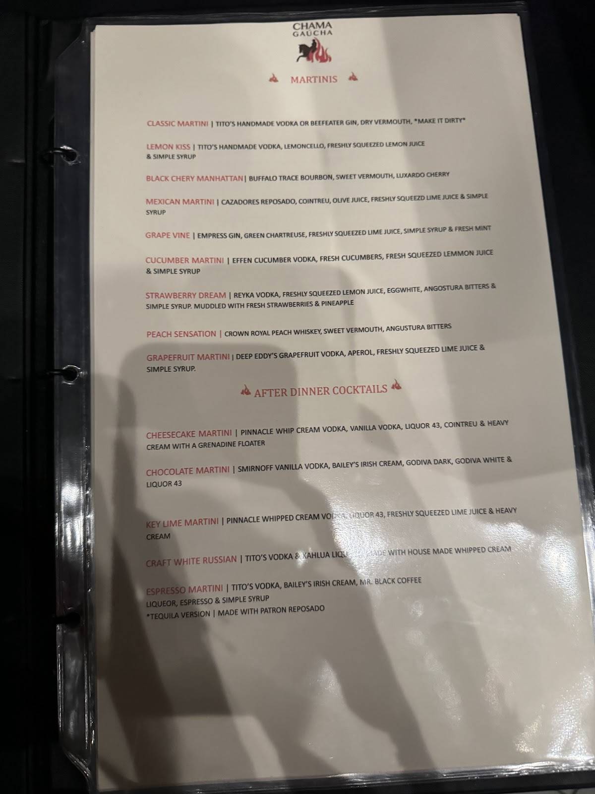 Menu at Chama Gaúcha Brazilian Steakhouse - Dallas-Fort Worth, Grapevine