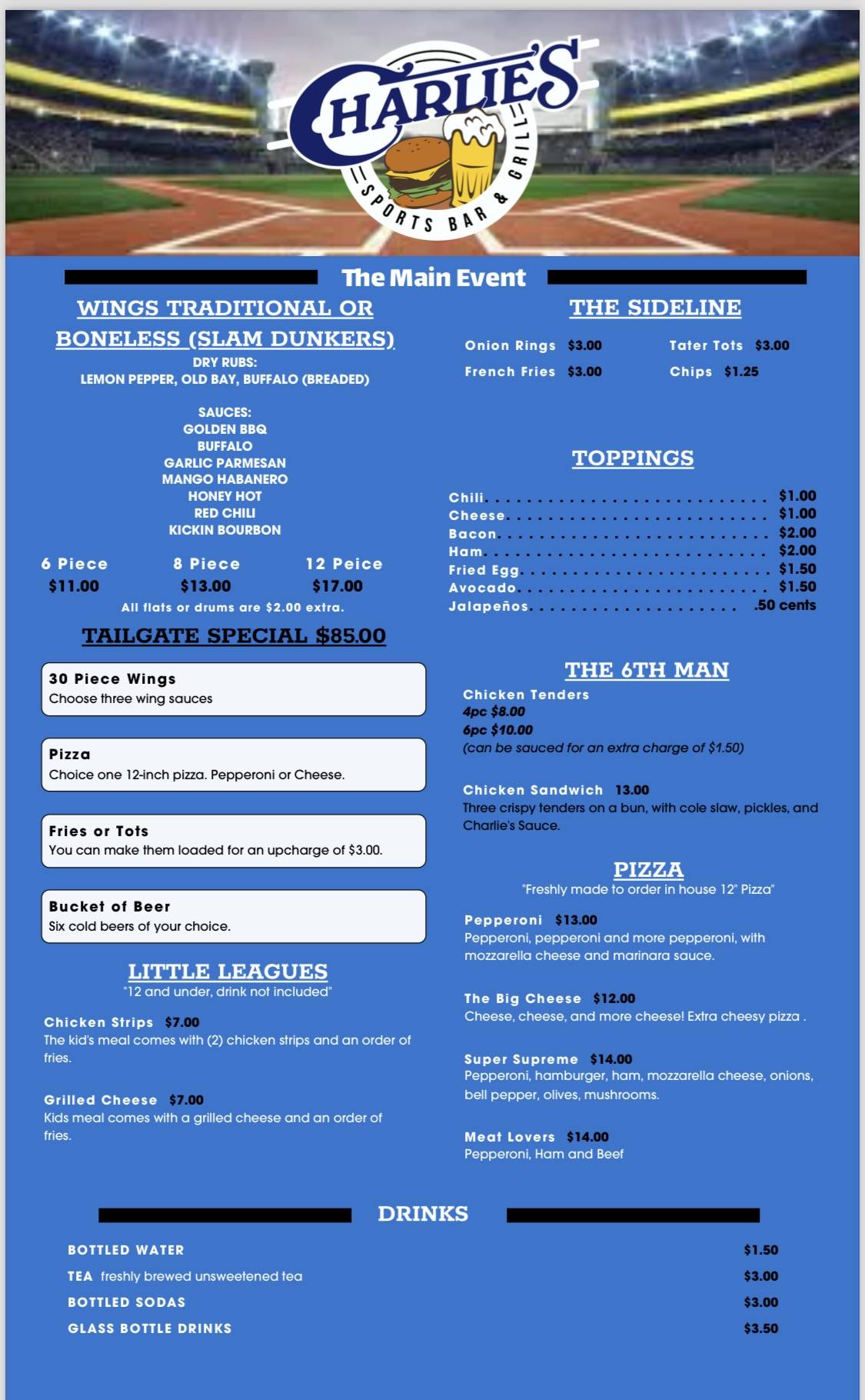 Menu at Charlie’s Sports Bar and Grill, Edna
